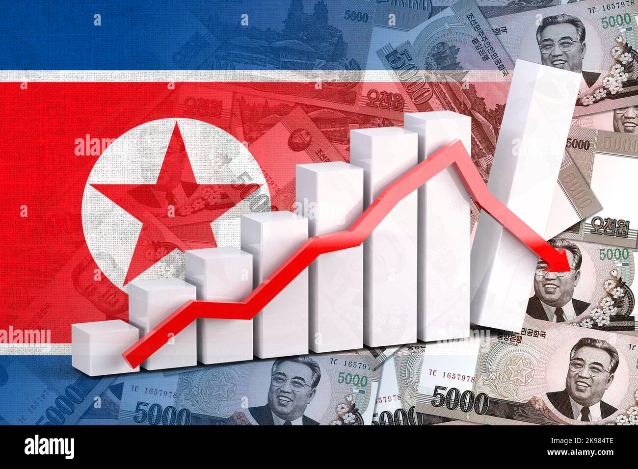 Economy Graph: Down Arrow, North Korean Flag and North Korean Won Cash ...