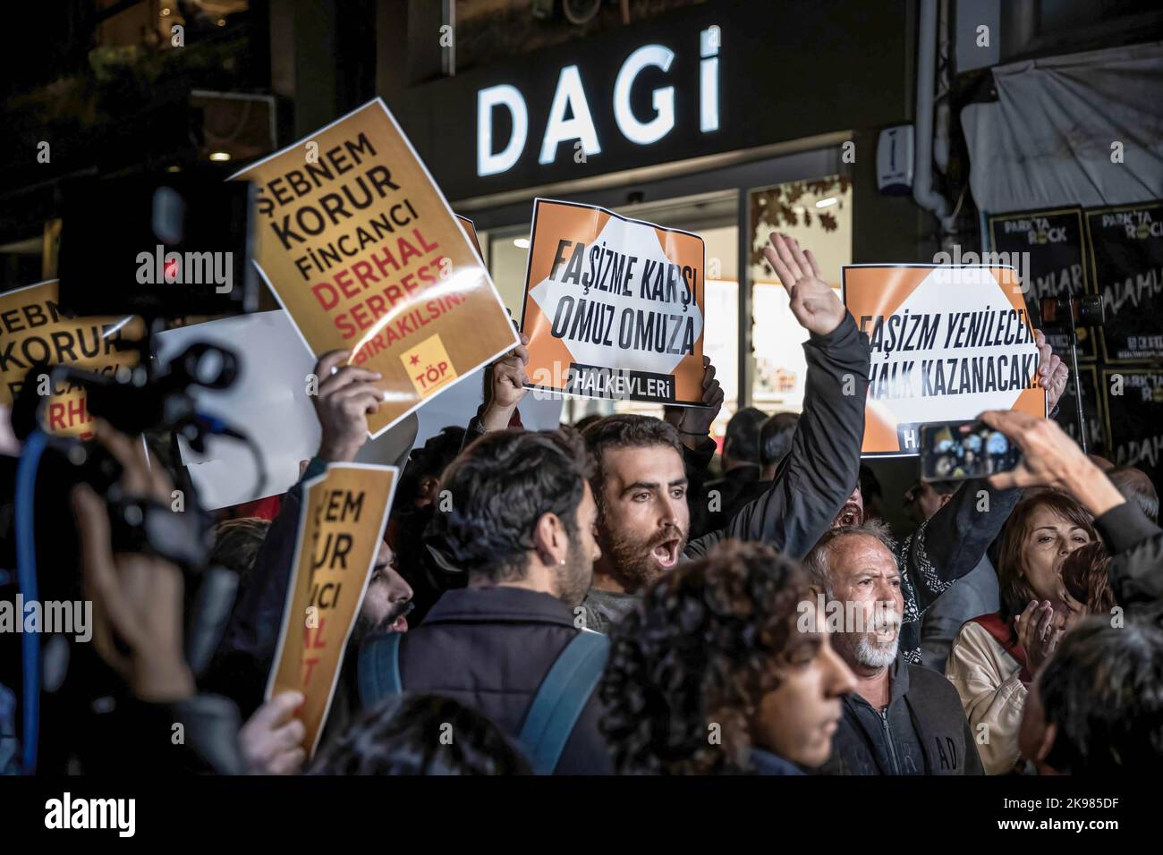Istanbul, Turkey. 26th Oct, 2022. Protesters hold placards while ...