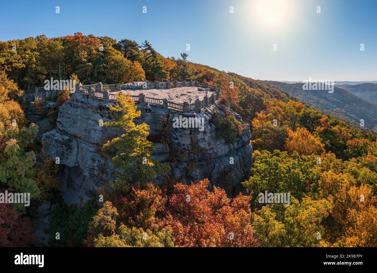 View up the Cheat River gorge in the autumn with Coopers Rock overlook ...