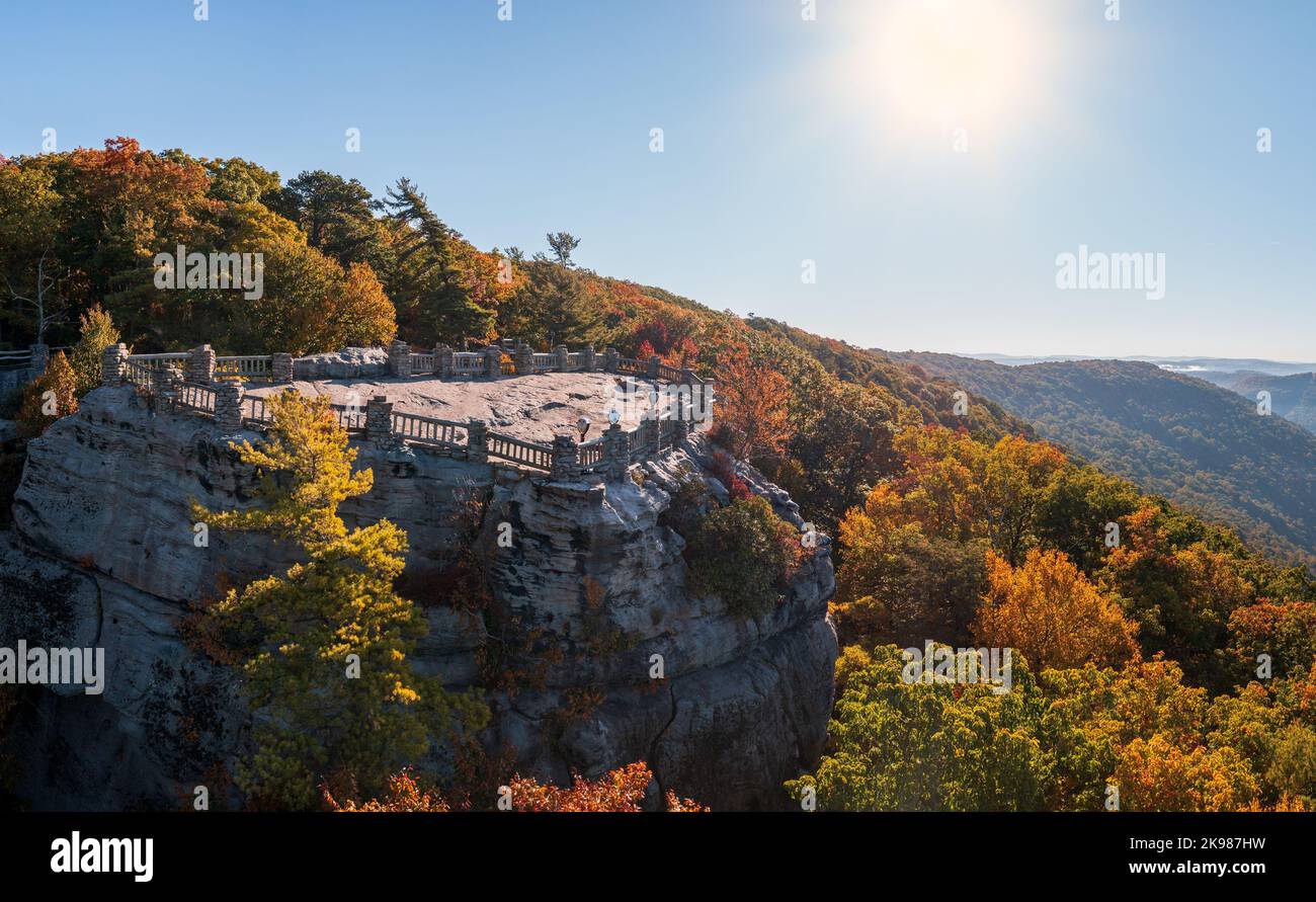View up the Cheat River gorge in the autumn with Coopers Rock overlook ...