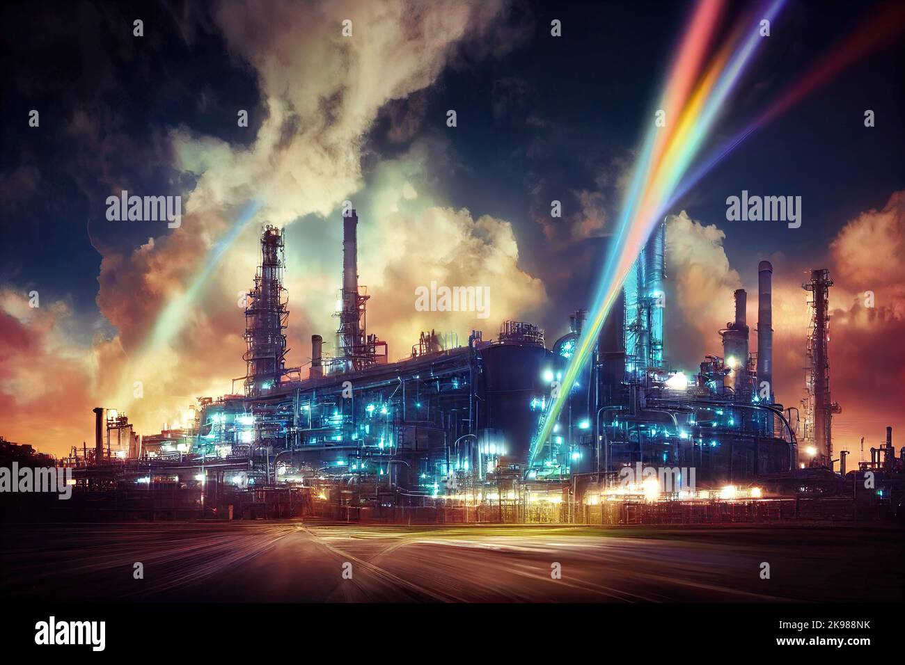 Oil refinery factory illuminated at night, with colored lights. A ...