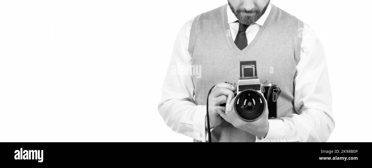 cropped man hold retro photo camera isolated on white background, copy ...