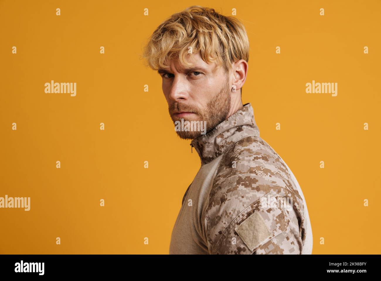 European military man wearing uniform posing and looking at camera ...