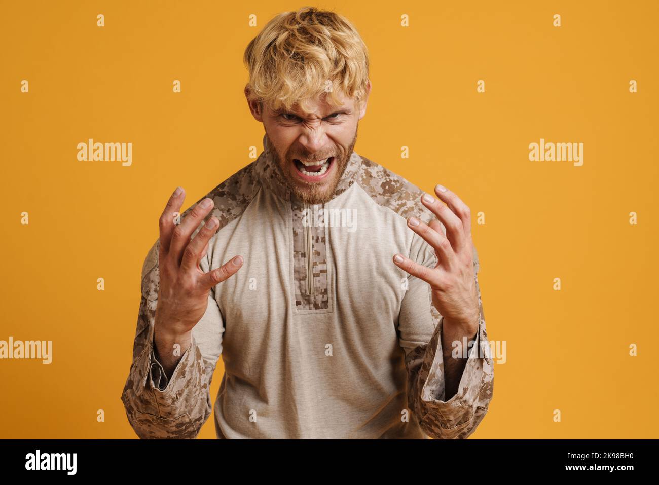 White furious military man screaming while gesturing isolated over ...