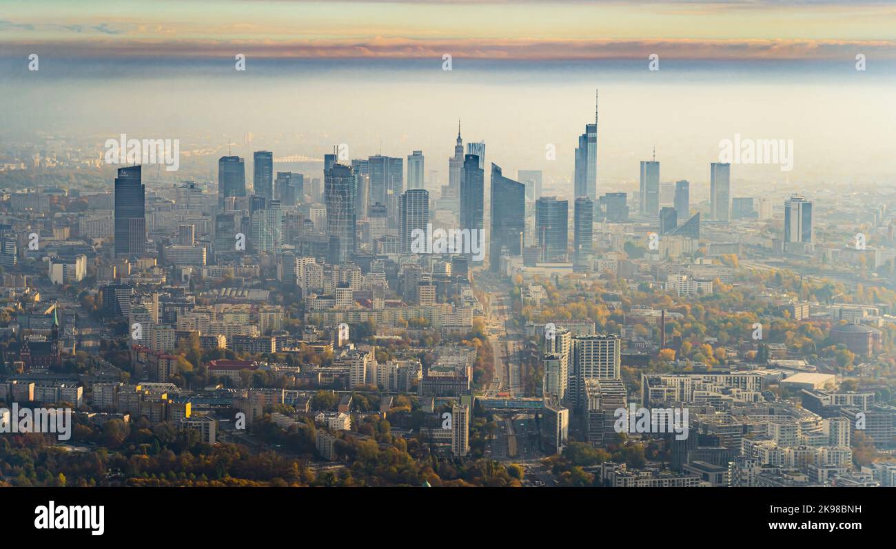 Stunning aerial view of downtown Warsaw from plane window. Autumn ...