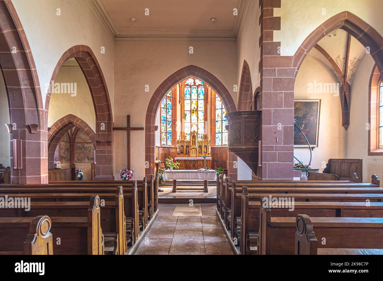Interior of the medieval church of Saint-Jacques-le-Major in Hunawihr ...