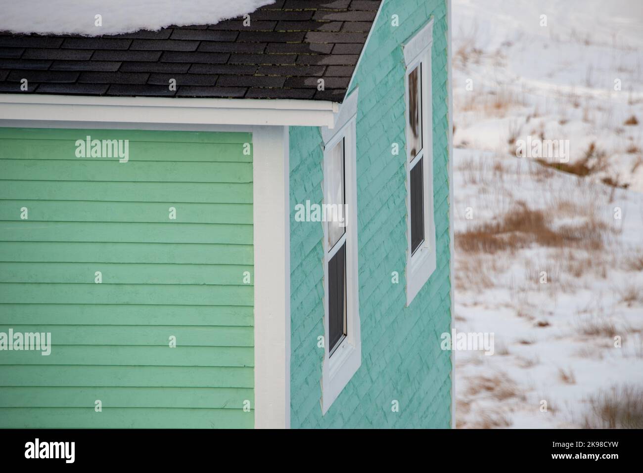 The exterior walls of a vibrant mint green wooden traditional house ...