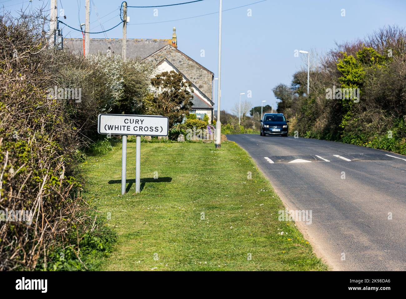 The main road through Cury, a small village on the Lizard peninsula in ...