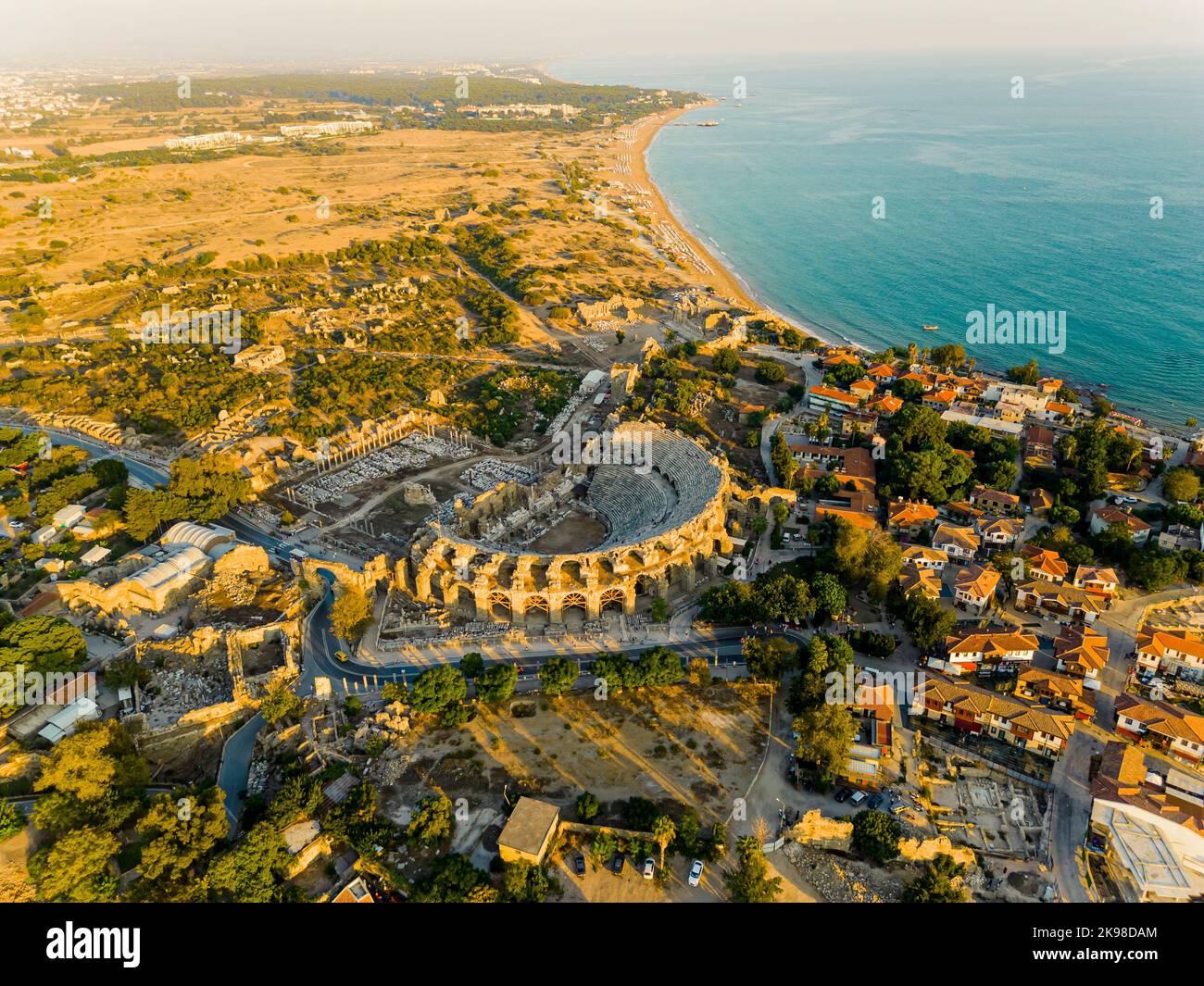 Aerial drone view of the city of Side in Turkey. Many ancient ruins and ...