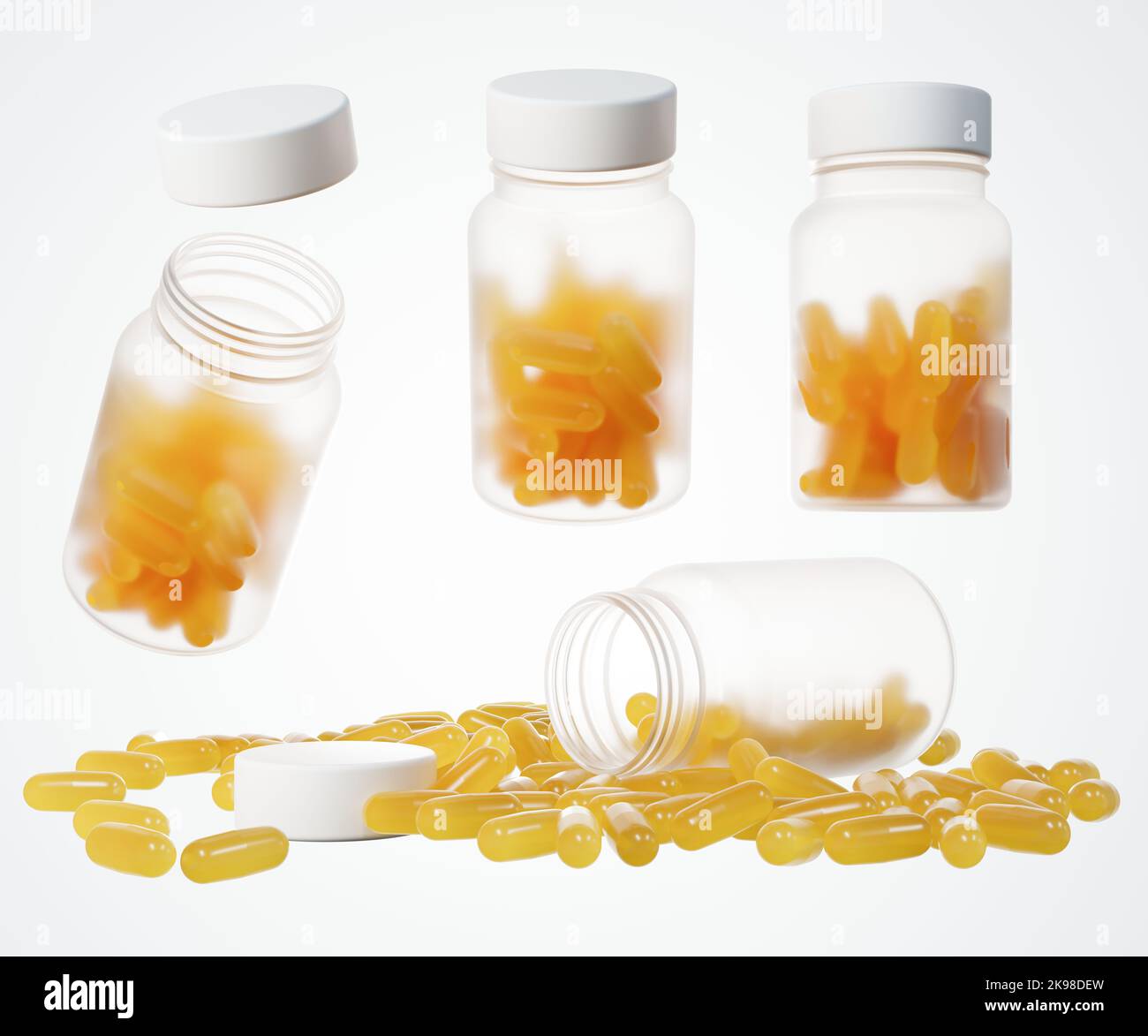 Realistic plastic medical jar with yellow vitamin capsules 3D render ...