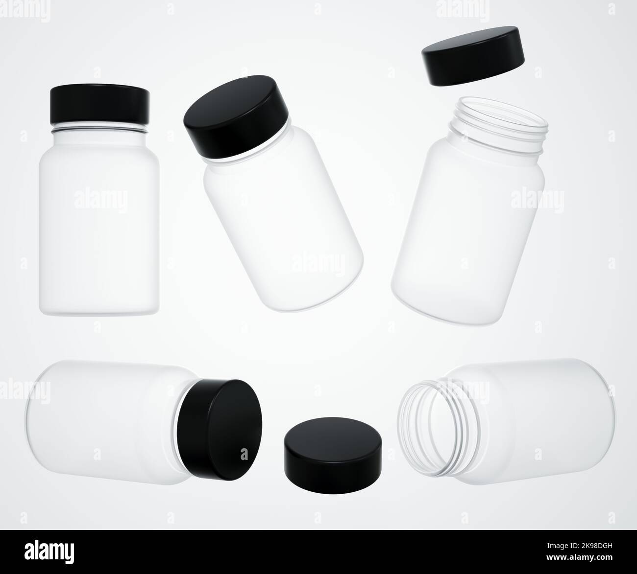 Medical transparent plastic jar with black cap 3D render, commercial ...