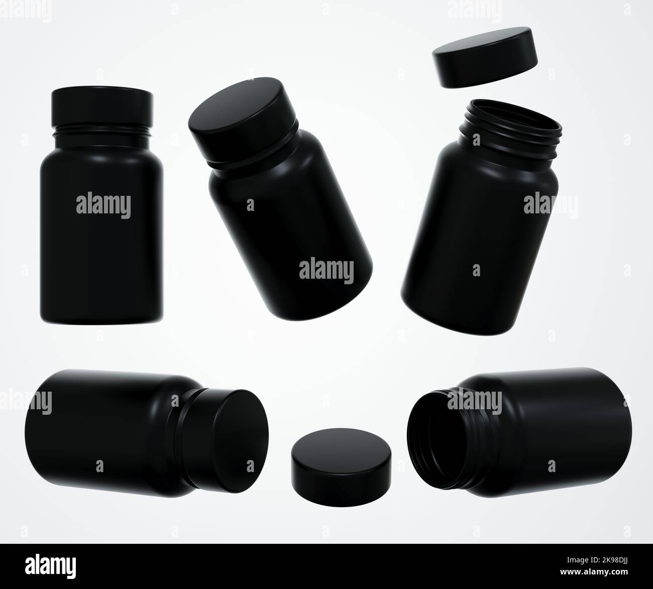 Medical black plastic jar with cap 3D render, commercial product mock ...