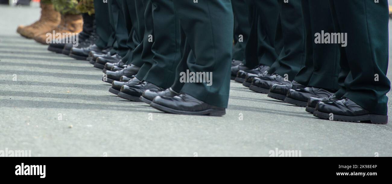 A group of men standing at attention in green suites on parade. The men ...