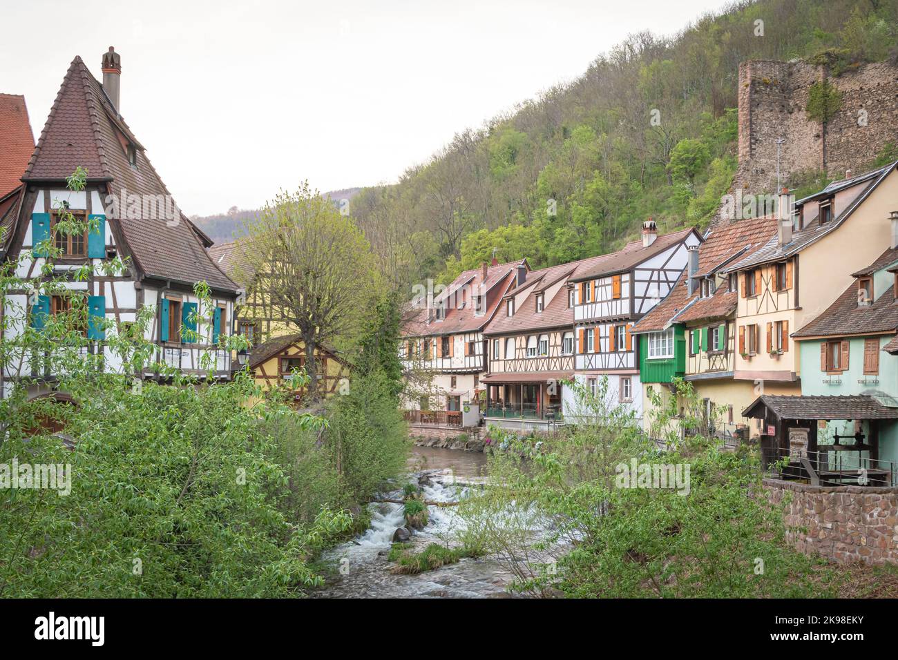 Traditional old alsatian houses in Kaysersberg in Alsace in the ...