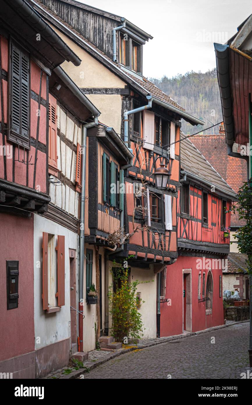 Traditional old alsatian houses in Kaysersberg in Alsace in the ...
