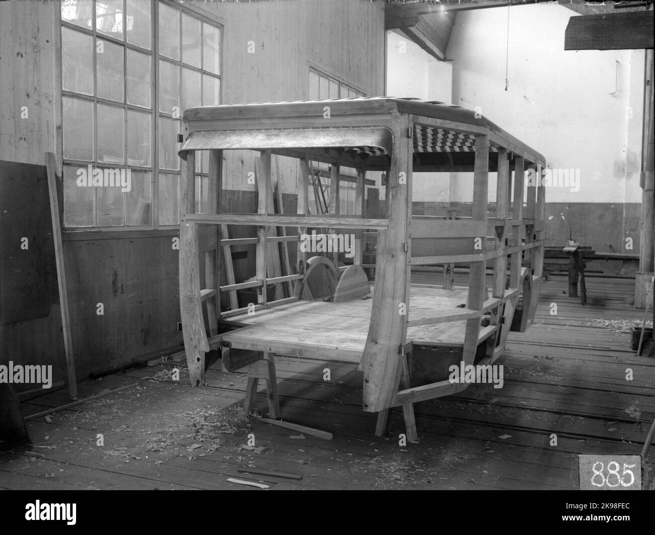 Chevrolet bus under building. AB Svenska Railway workshops' workshop in ...
