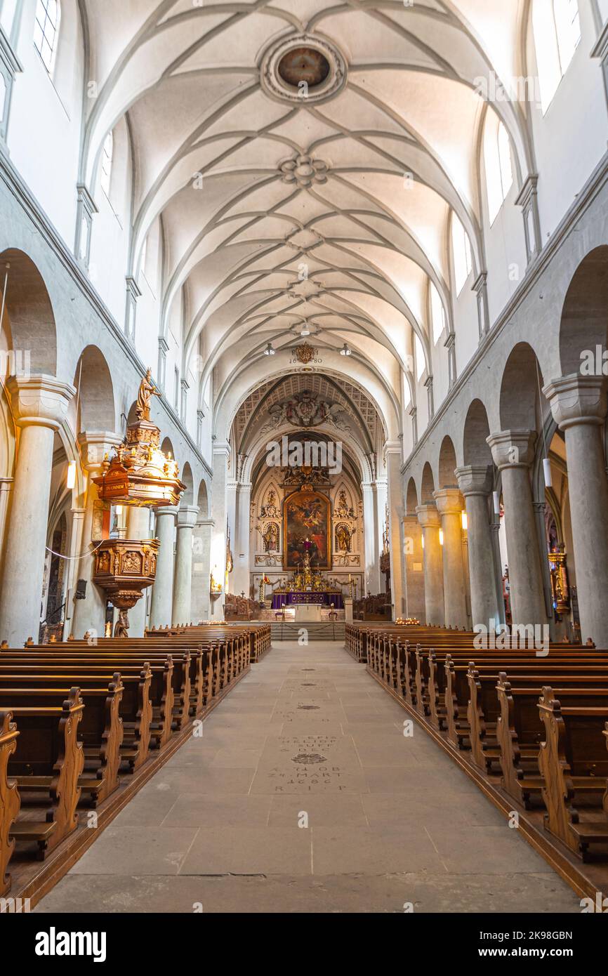 The central nave of the catholic church cathedral Münster in Konstanz ...