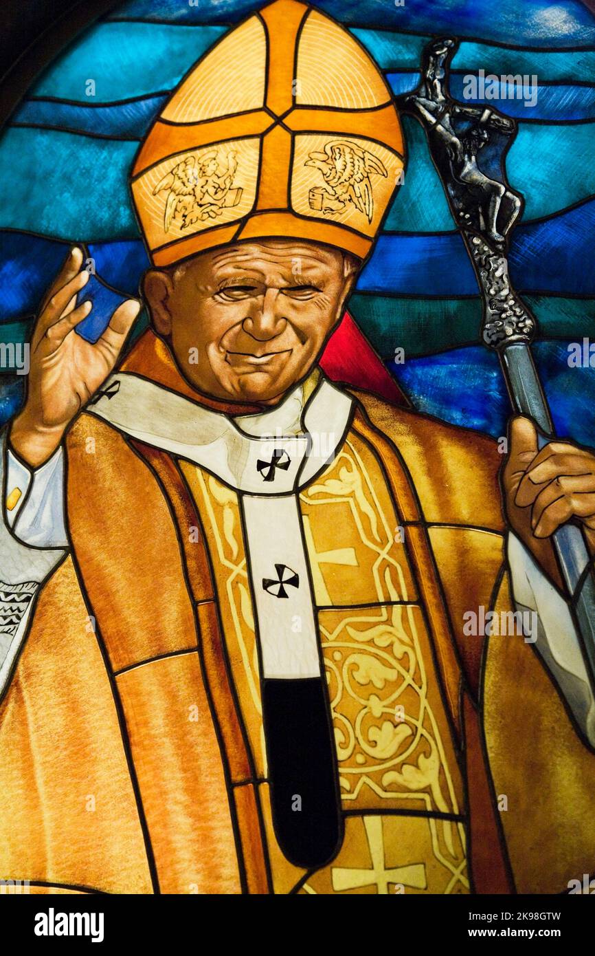 Stained glass window portrait of Pope John John Paull II inside the ...