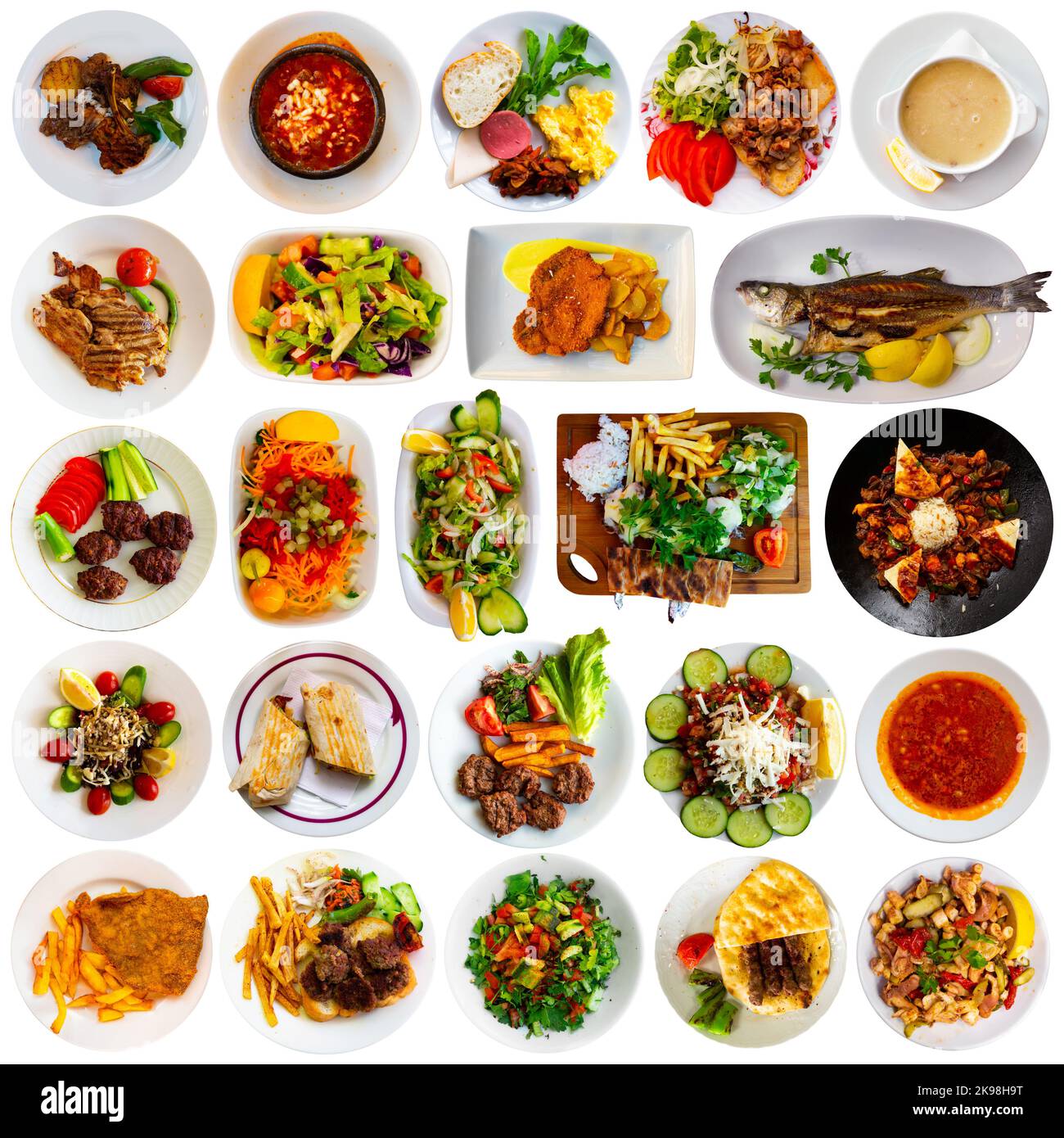 Collection of various traditional Turkish dishes on white background ...