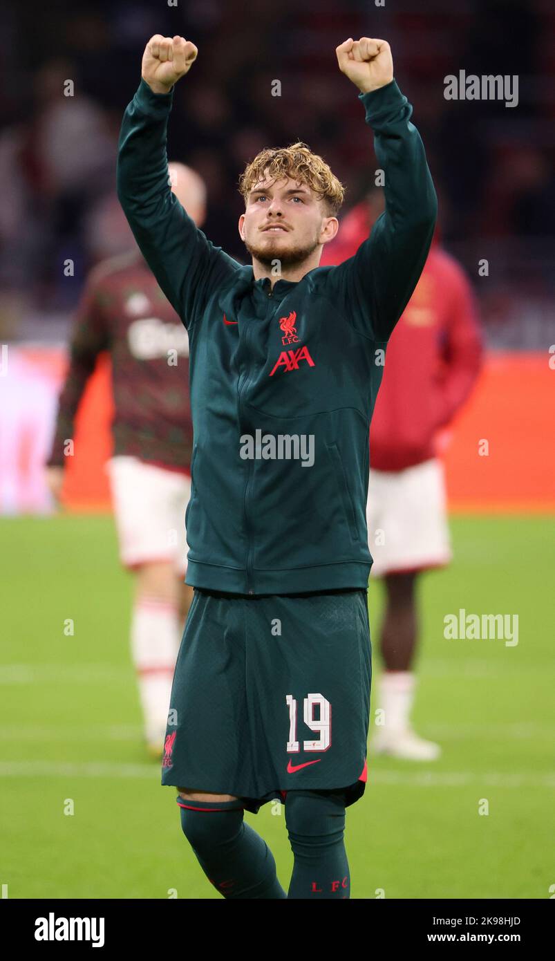 Harvey Elliott of Liverpool celebrates the victory with the supporters ...