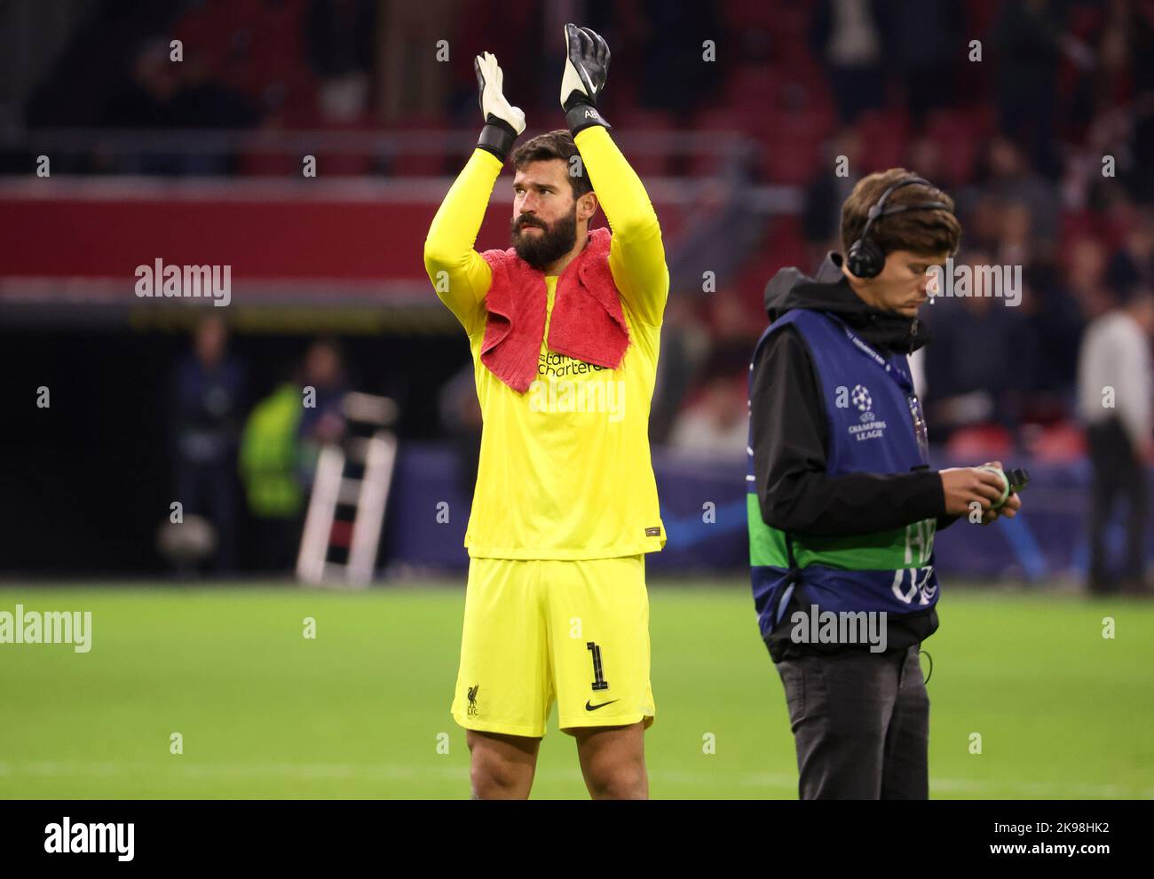 Goalkeeper of Liverpool Alisson Becker celebrates the victory with the ...