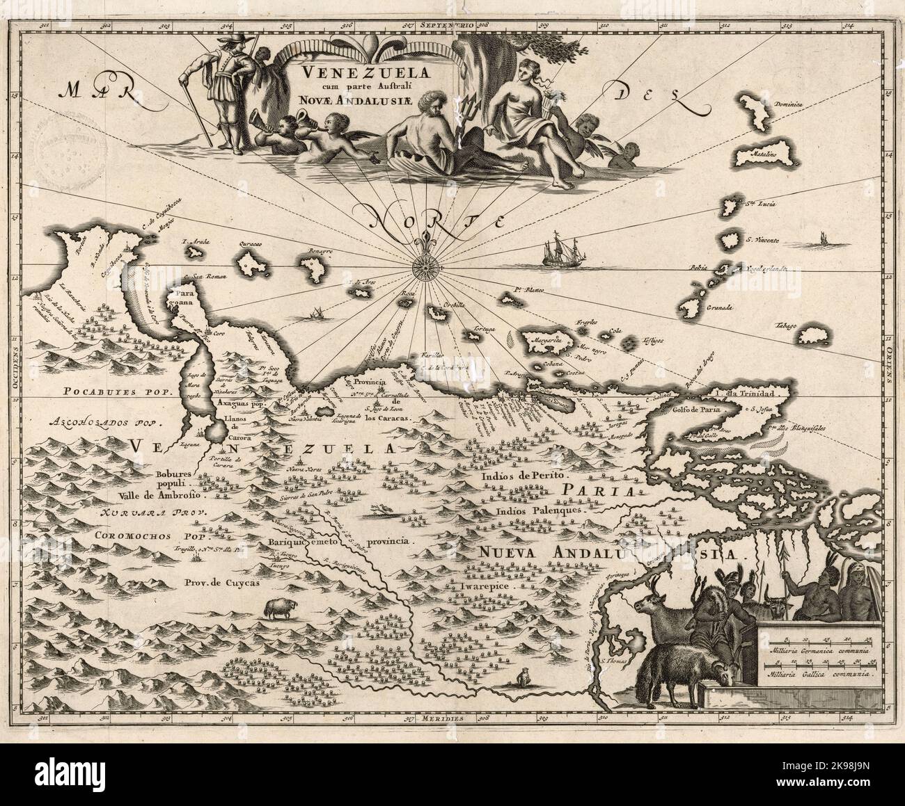 Vintage 17th-century map of what is now Venezuela with the Southern ...