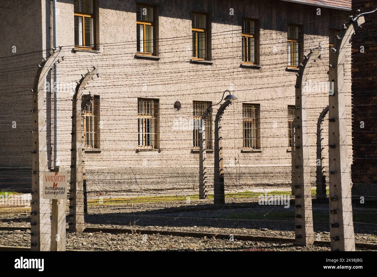 Electrified barbwire fences and building inside the Auschwitz I former ...