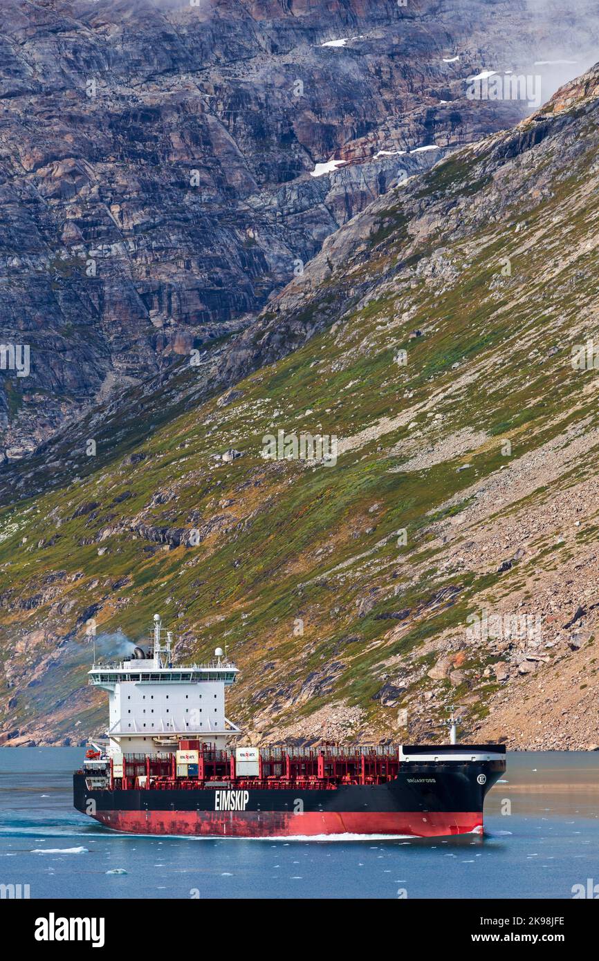 Container ship in Prince Christian Sound, Greenland, Kingdom of Denmark ...
