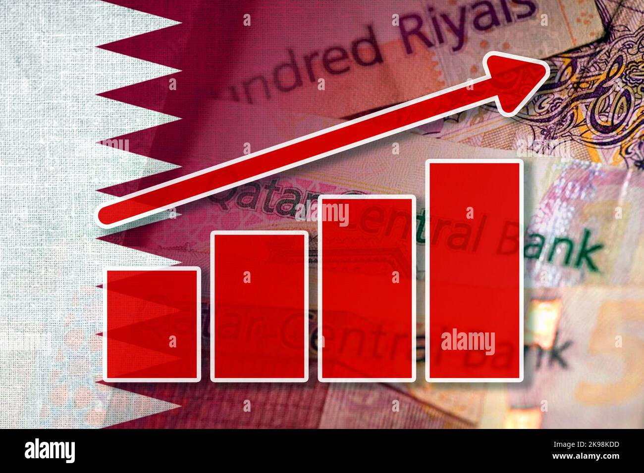 Economy Graph - Up Arrow, Qatari Flag and Qatari Riyal Cash Banknotes ...