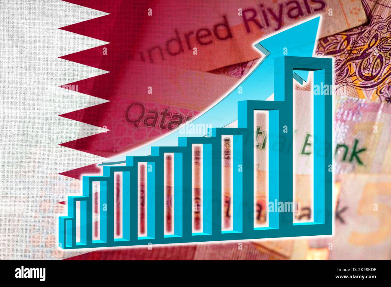 Economy Graph - Up Arrow, Qatari Flag and Qatari Riyal Cash Banknotes ...