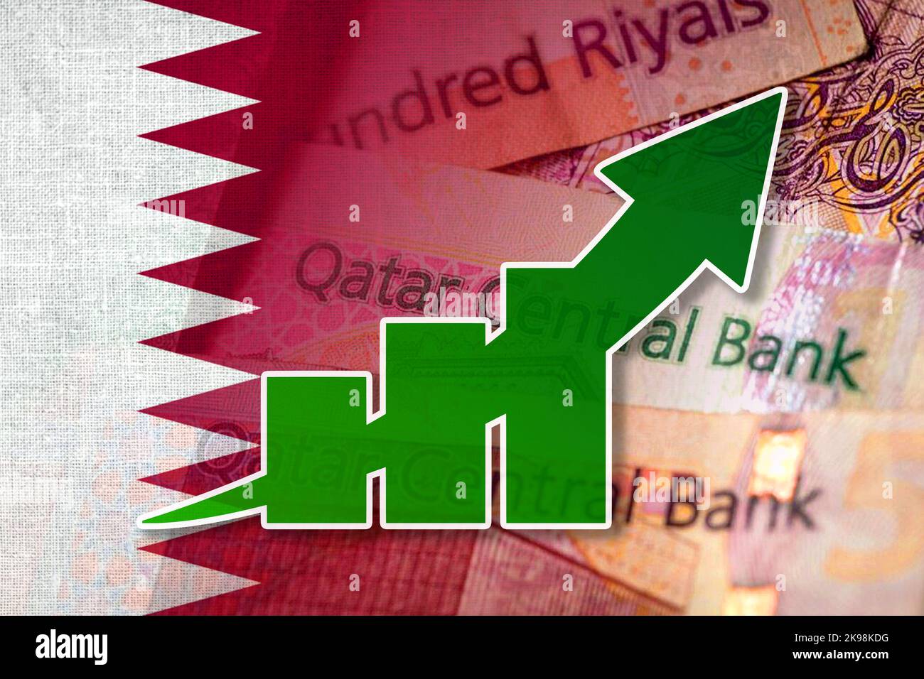 Economy Graph - Up Arrow, Qatari Flag and Qatari Riyal Cash Banknotes ...