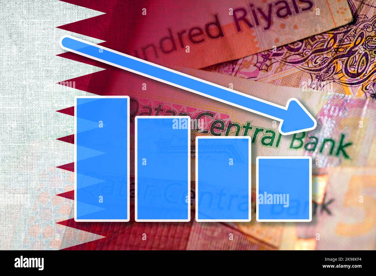 Economy Graph - Down Arrow, Qatari Flag and Qatari Riyal Cash Banknotes ... Economy Graph - Down Arrow, Qatari Flag and Qatari Riyal Cash Banknotes ...