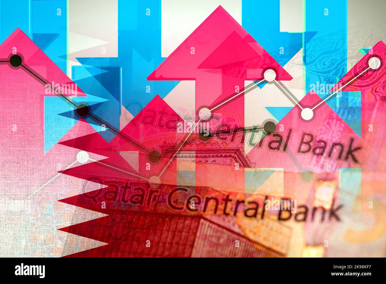 Economy Graph - Up and Down Arrows, Qatari Flag and Qatari Riyal Cash ...