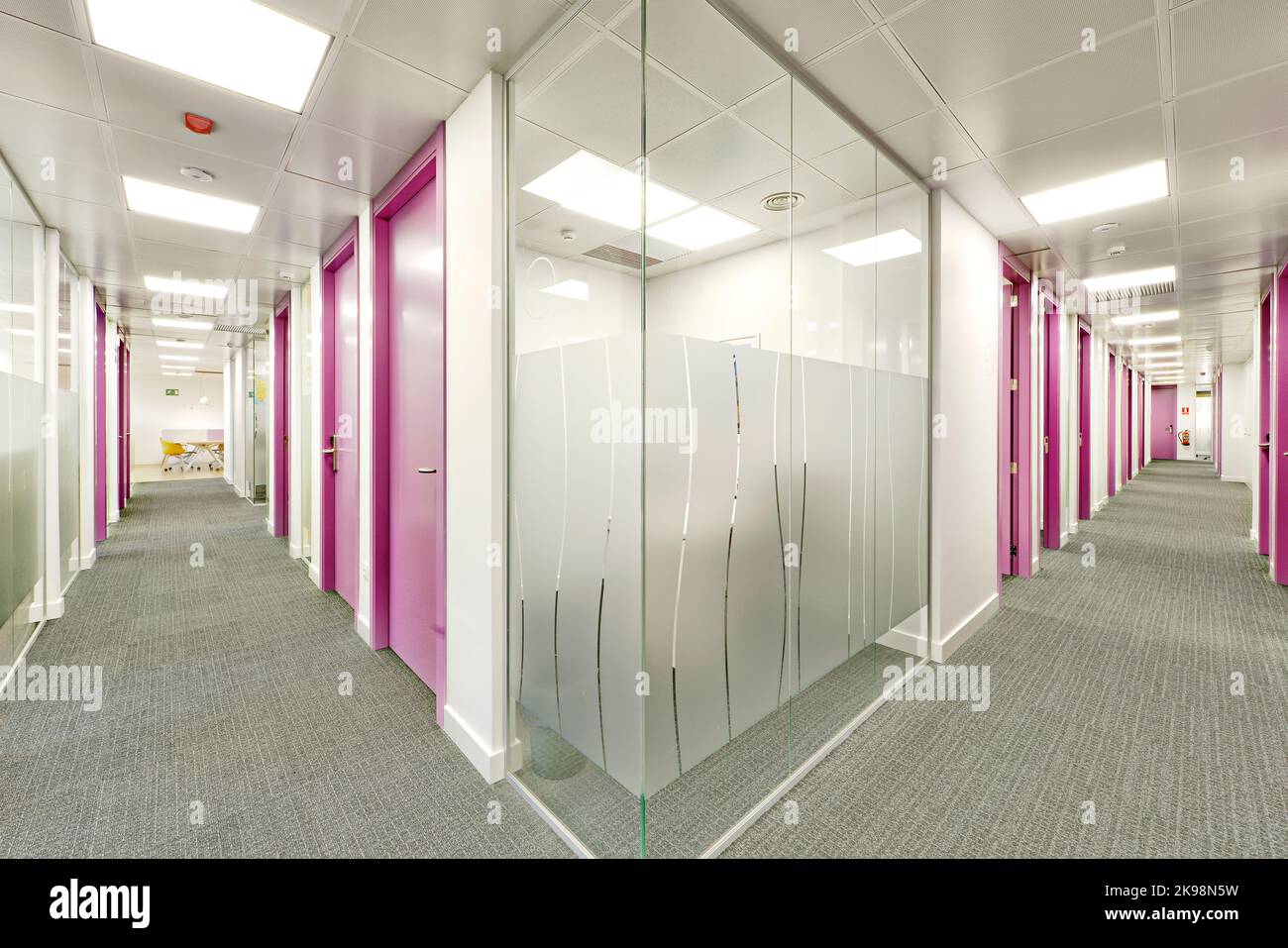 Crossing of office corridors with glass cubicles and gray carpeted ...