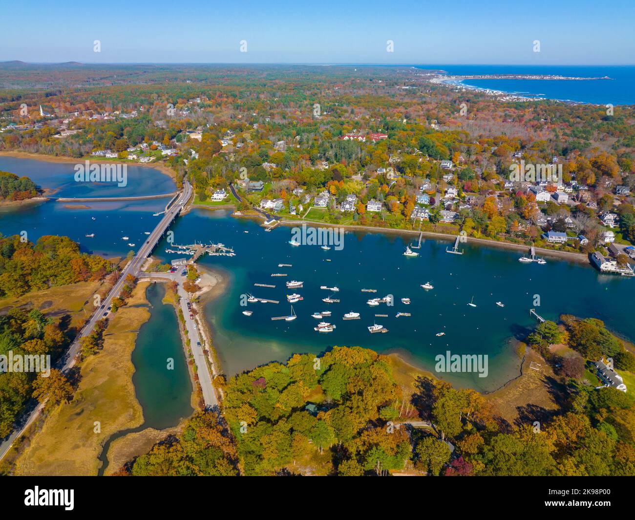 York River Bridge over York River aerial view in fall and Wiggly Bridge ...