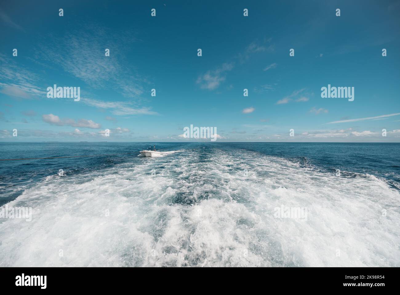 View from the yacht stern of the wake (wash) effect on the water from ...