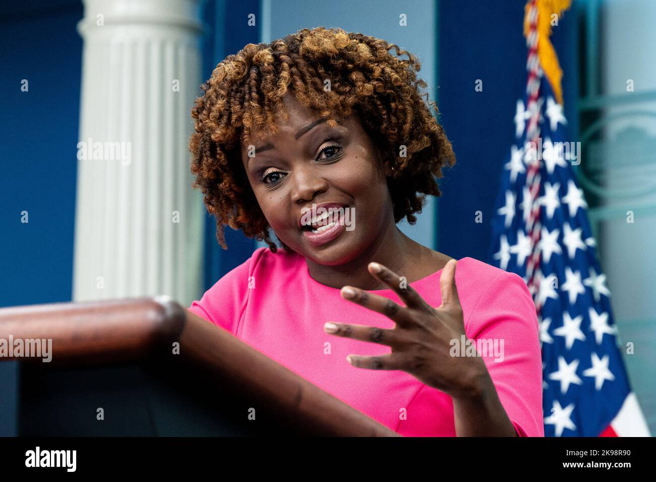 White House Press Secretary Karine Jean-Pierre speaking at a press ...
