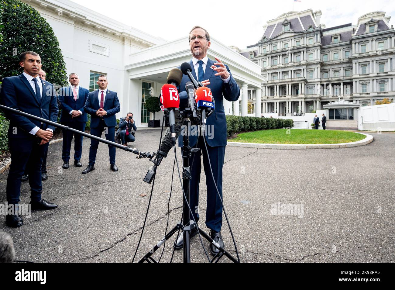 President Isaac Herzog of Israel speaking to the press outside the West ...