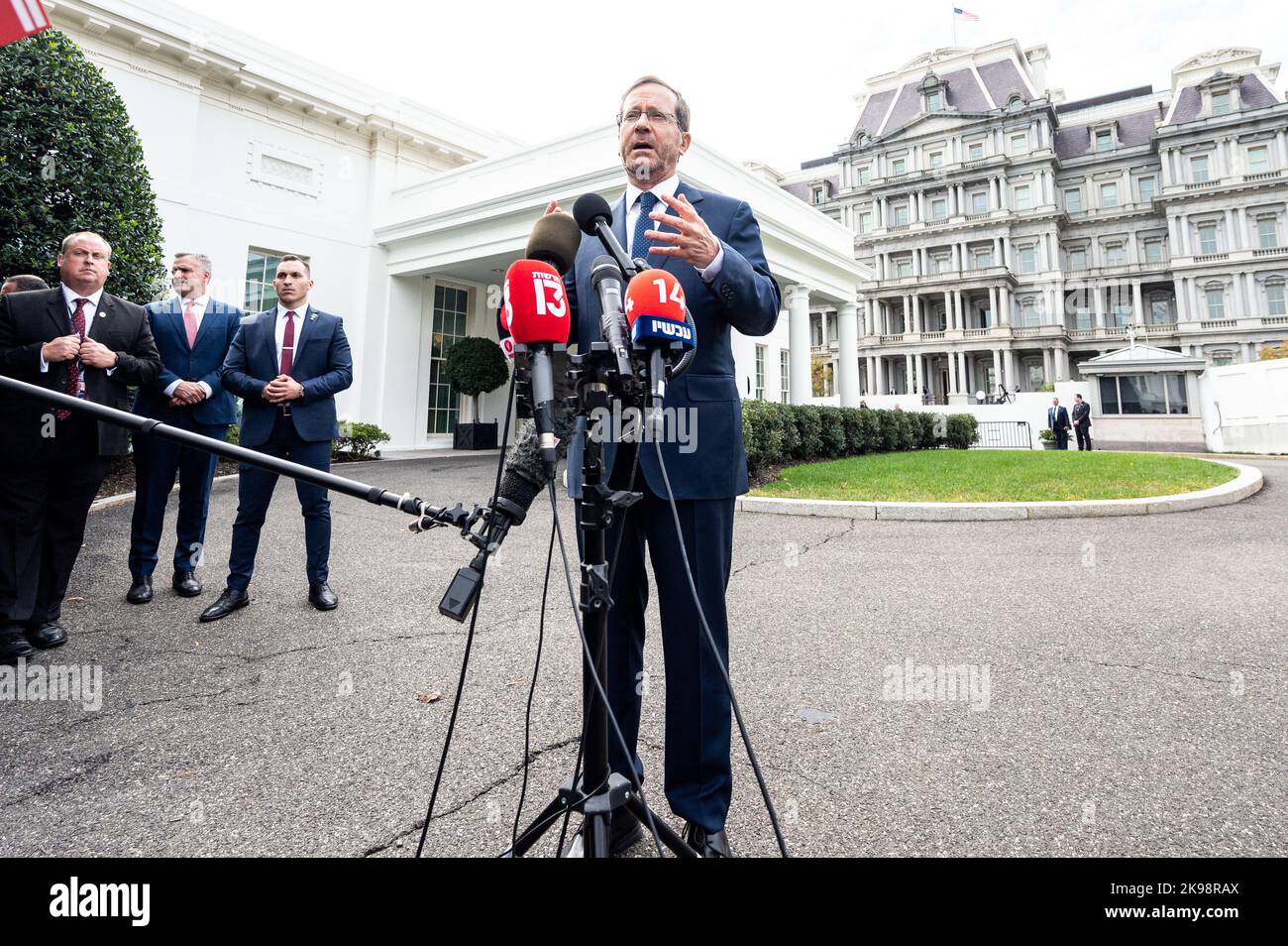 President Isaac Herzog of Israel speaking to the press outside the West ...