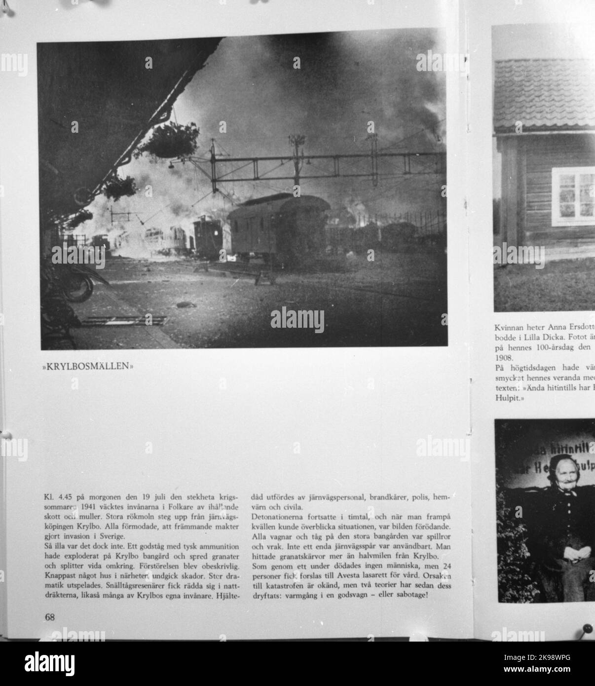 Krylbosmällen. Burning passenger cars after the explosion of a German ...