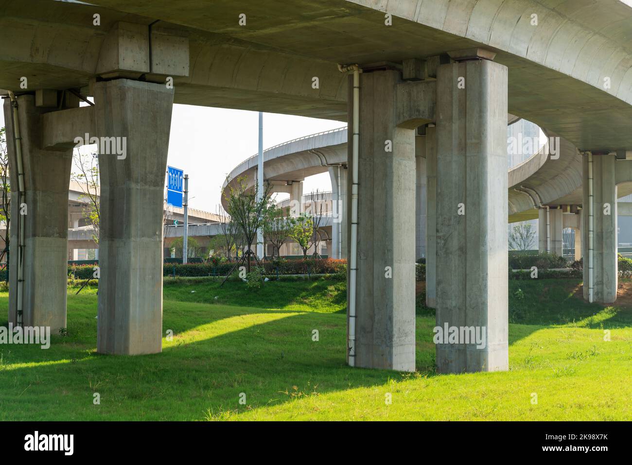 Concrete structure and asphalt road space under the overpass in the ...