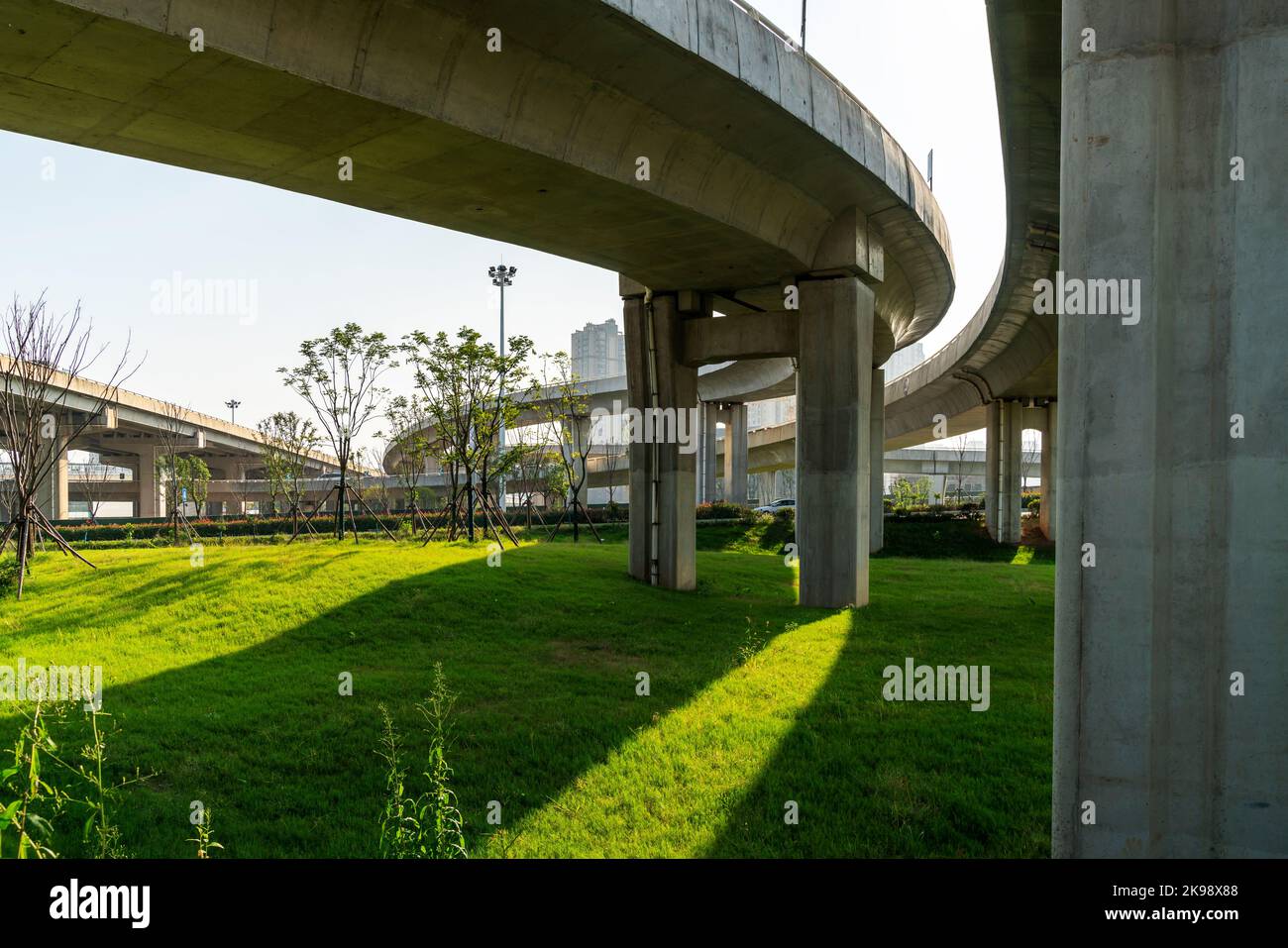 Concrete structure and asphalt road space under the overpass in the ...