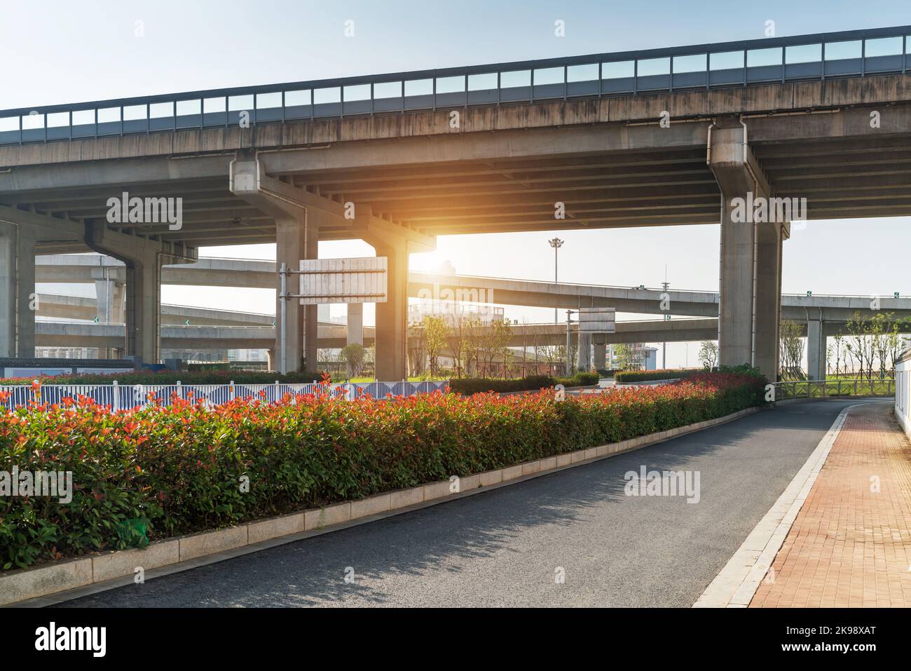 Concrete structure and asphalt road space under the overpass in the ...