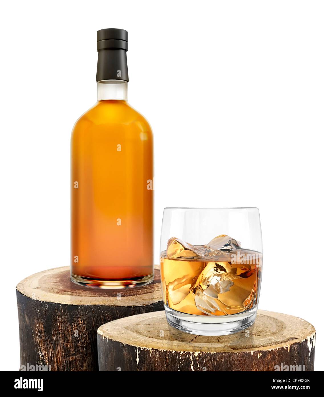 Whisky bottle with glass on old wood log Stock Photo - Alamy