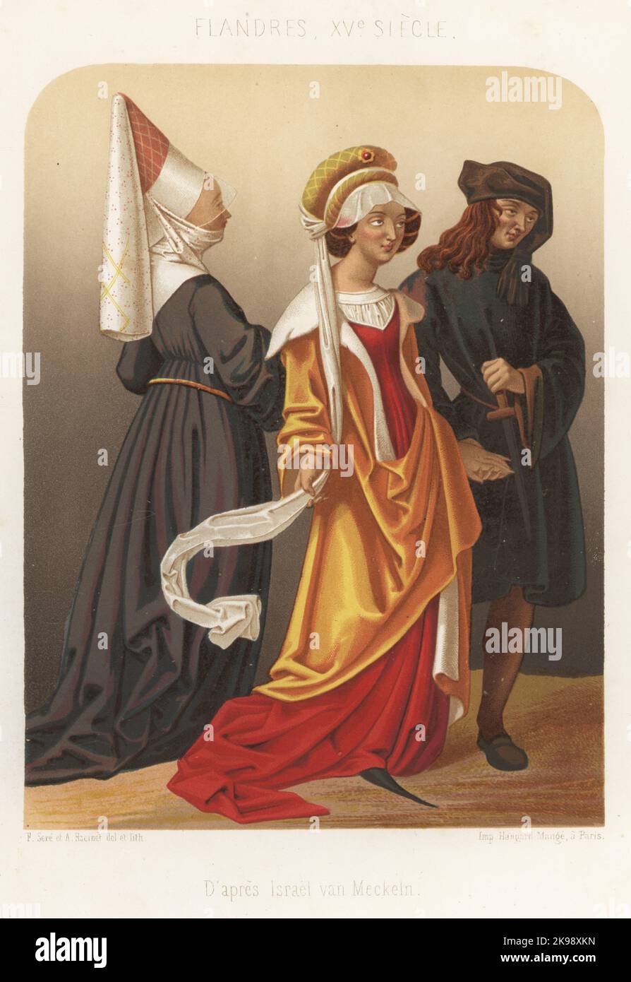 Three Flemish costumes, 15th century. Woman in hennin with veil and ...
