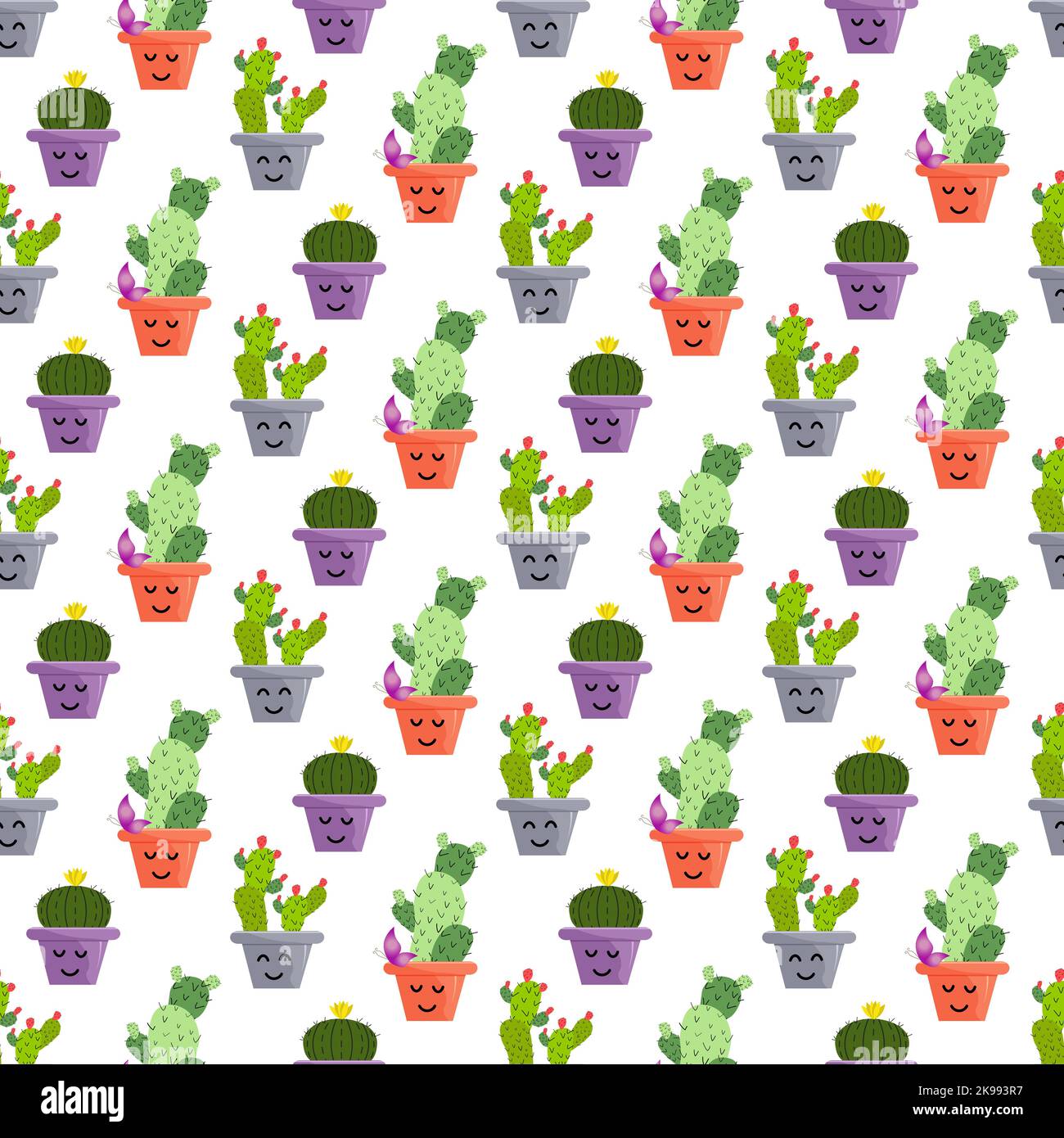 Pattern with cute cacti in pots. Vector illustration isolated on white ...