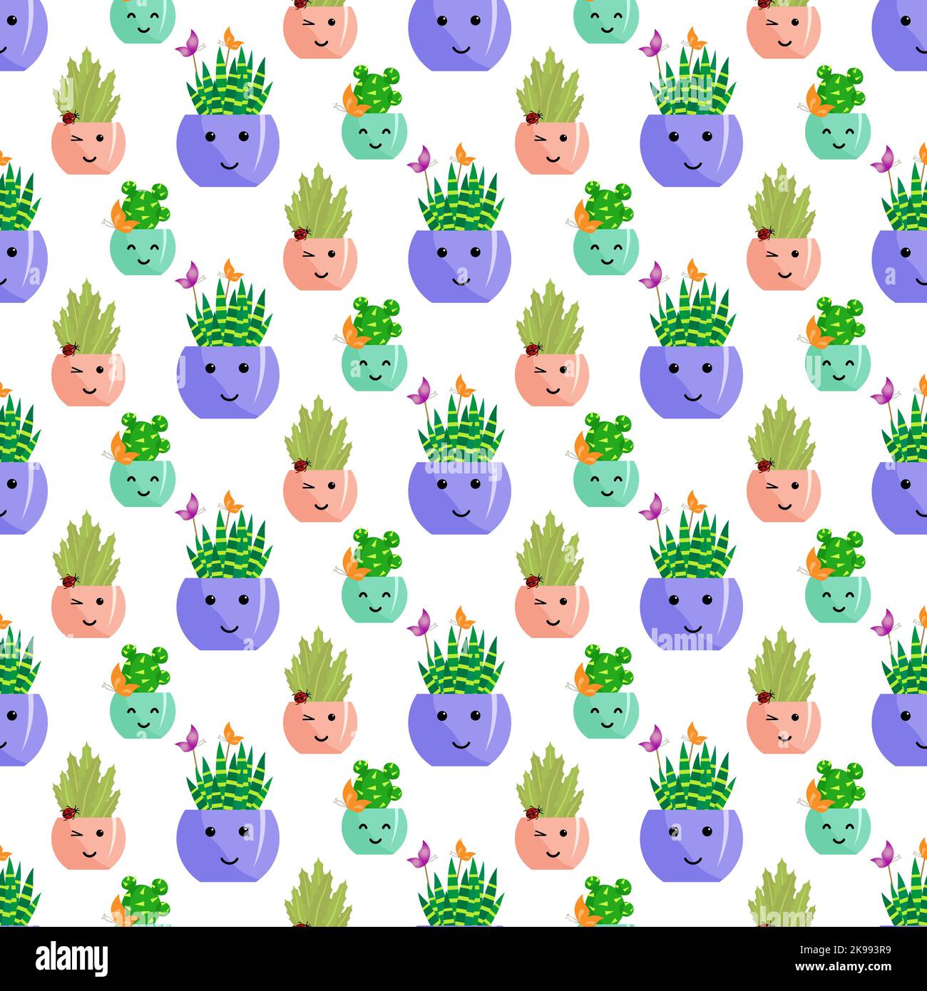 Seamless pattern with succulents and butterflies in clay pots. Vector ...