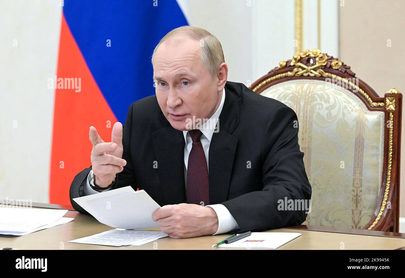 Russian President Vladimir Putin chairs a meeting with the heads of ...