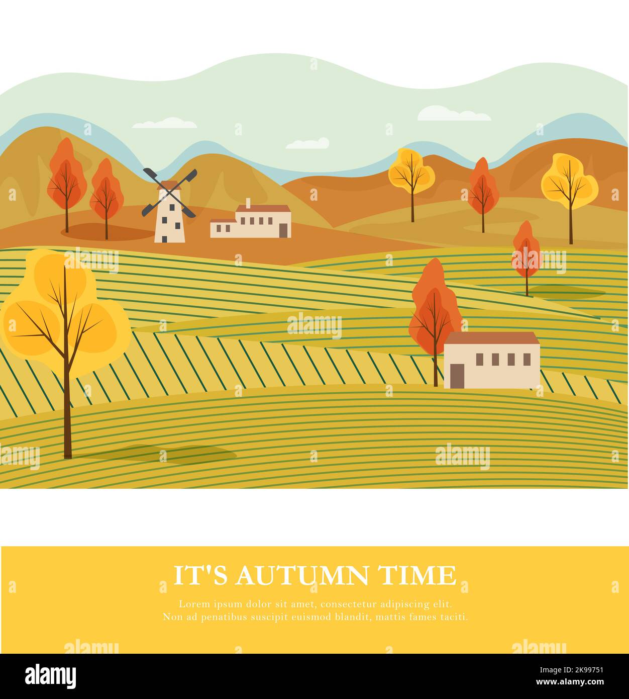 Postcard template with rural landscape - houses and mills, trees ...