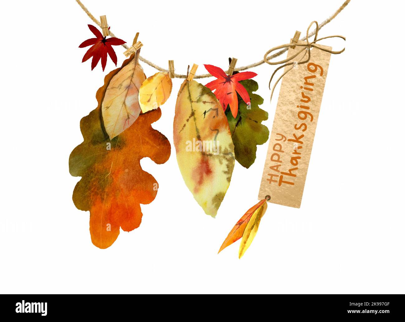 Autumn leaves on rope watercolor illustration isolated on white ...